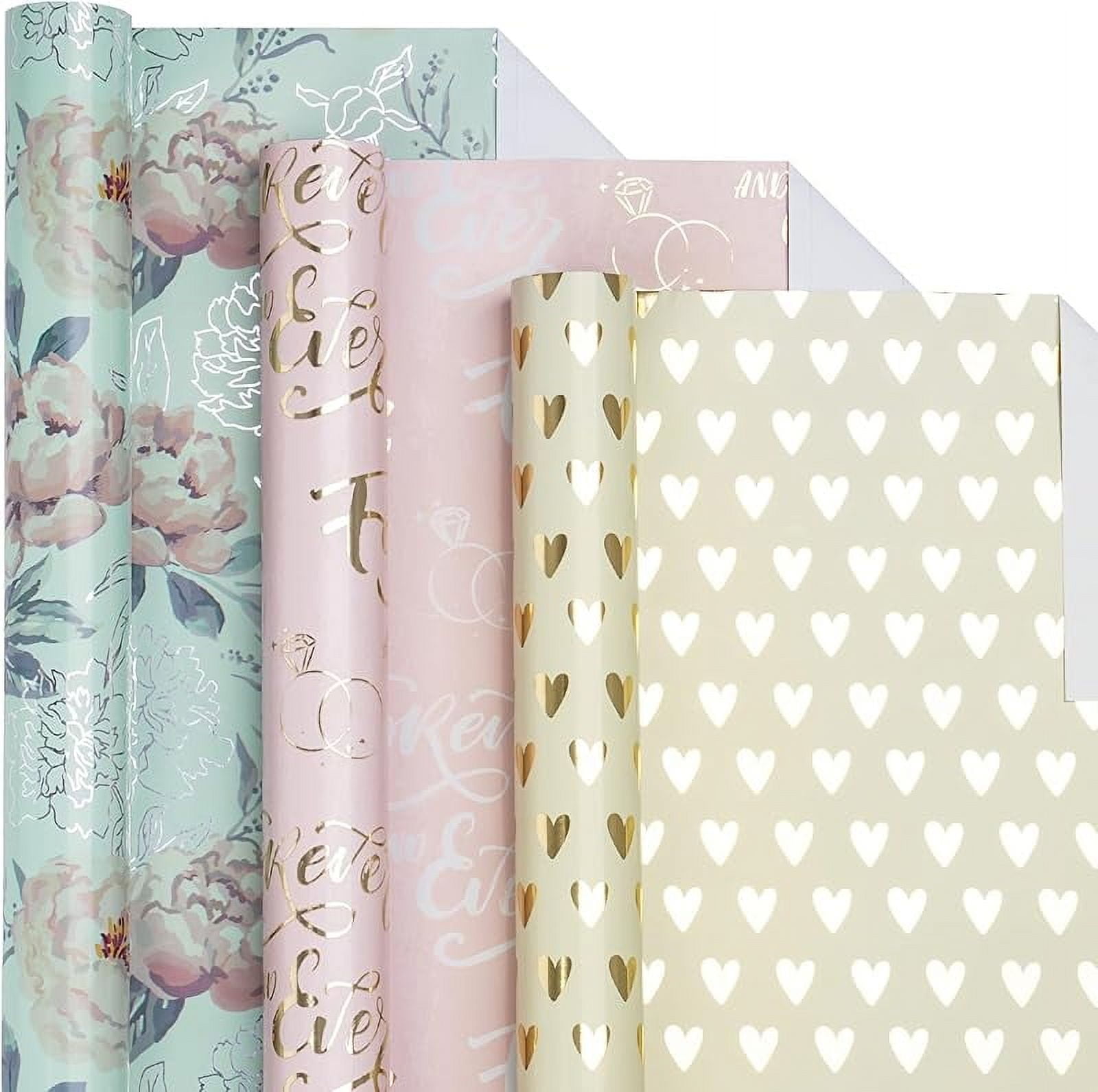LeZakaa Gold Wedding Wrapping Paper Roll, Gold Flower, Love Heart, Ring ...