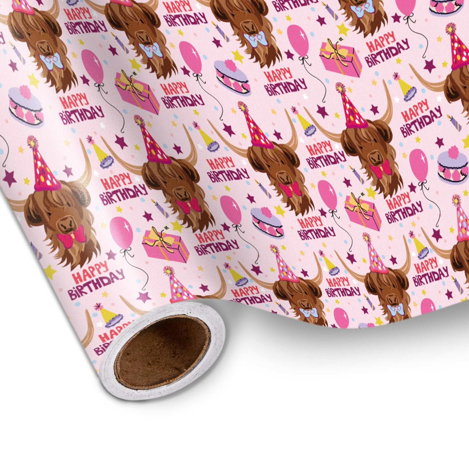 LeZakaa Highland CowUMRT Pink Wrapping Paper Roll for Girls Kids Women ...