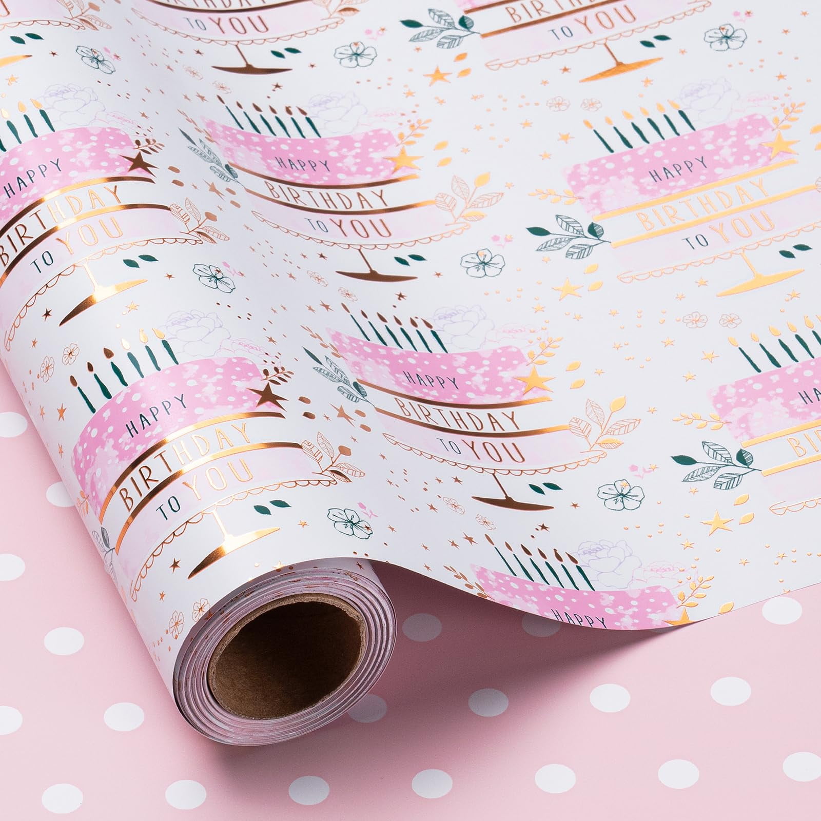 LeZakaa Reversible Wrapping KEF16 Paper Roll, Pink Cake & White Dots ...
