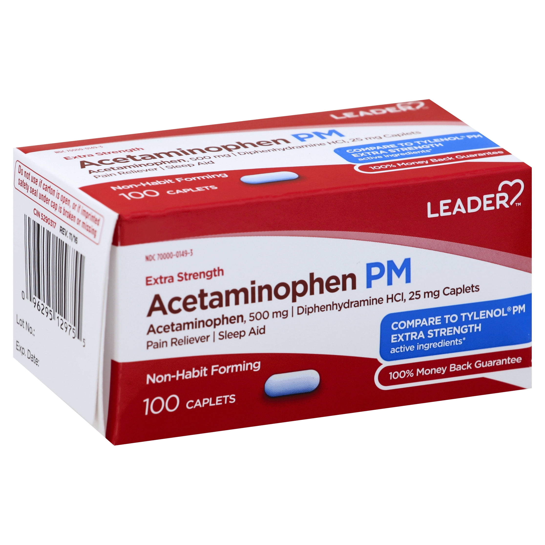Leader Acetaminophen PM Caplets 500 mg, 100 Count – Pain Relief and ...