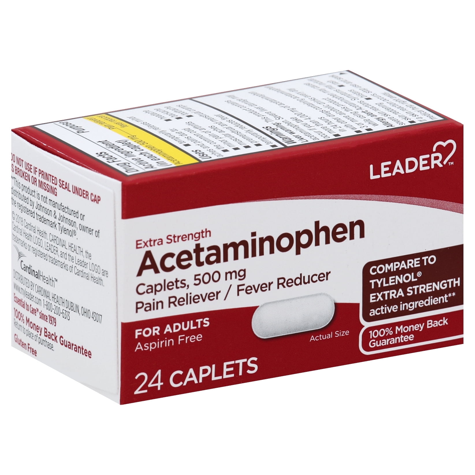 Leader Acetaminophen Extra Strength, 500mg, 24 Caplets - Fast Pain ...
