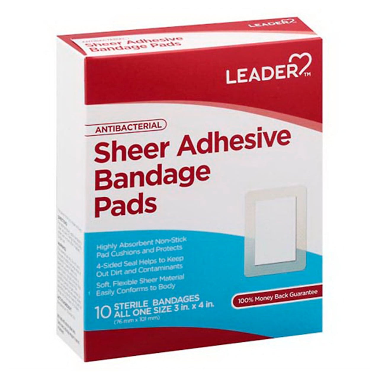Leader Adhesive Bandage Pads, Antibacterial, Sheer, All One Size, 10 Ea ...
