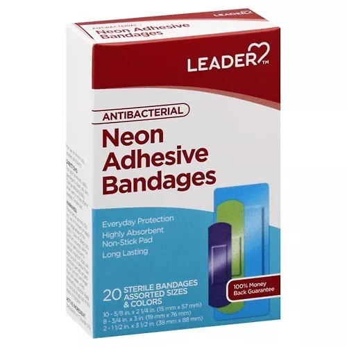 Leader Adhesive Bandages, Antibacterial, Neon, Assorted Sizes & Colors ...