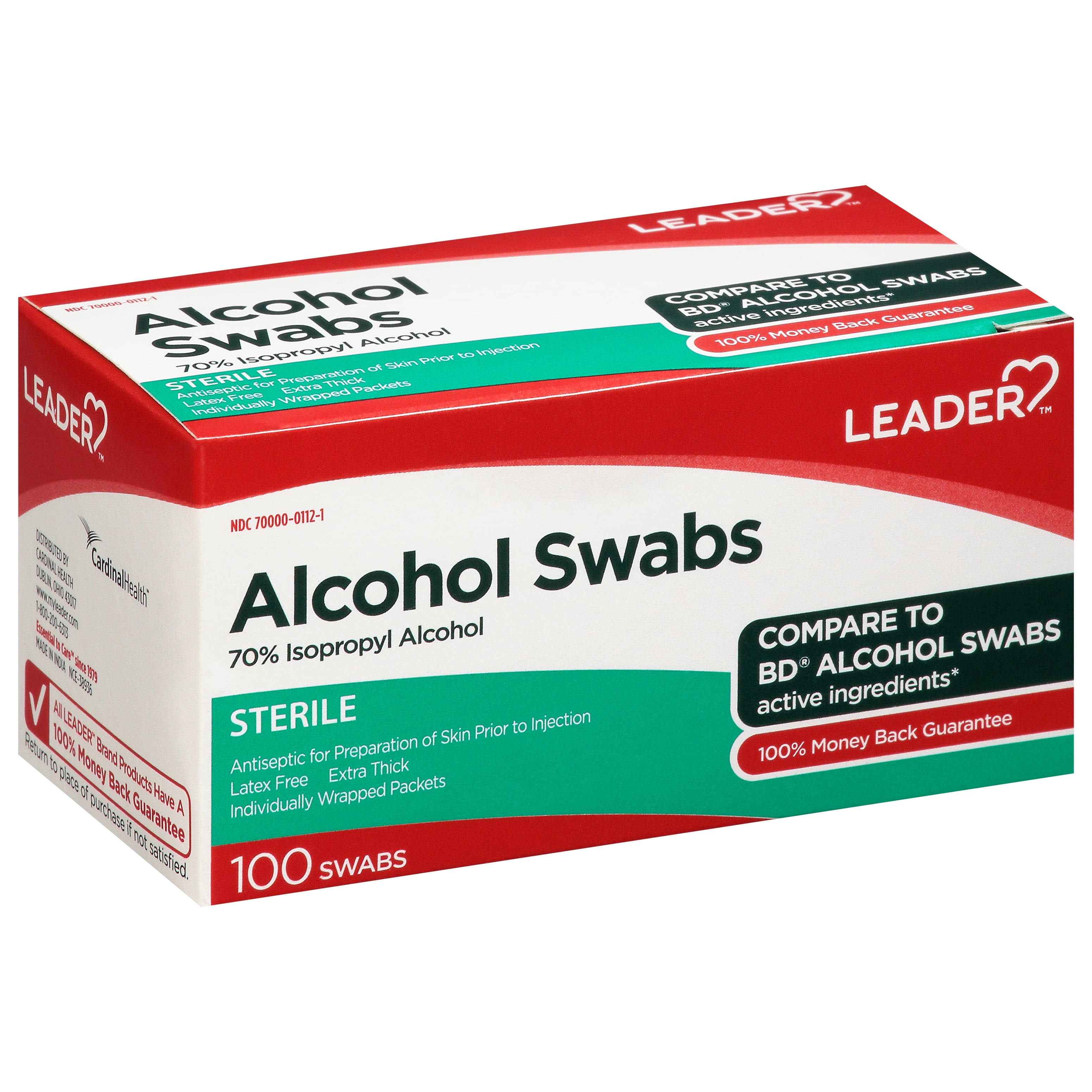 Leader Alcohol Swabs, 100 Swabs Sterile and Individually Wrapped Cleans ...