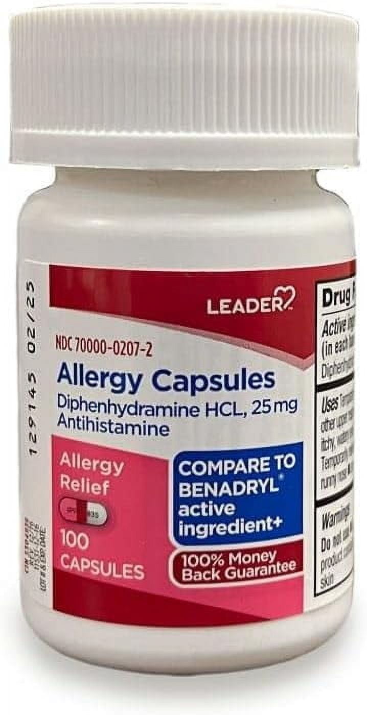 Leader Allergy 25 mg Antihistamine Capsules, 100 Ea - Walmart.com