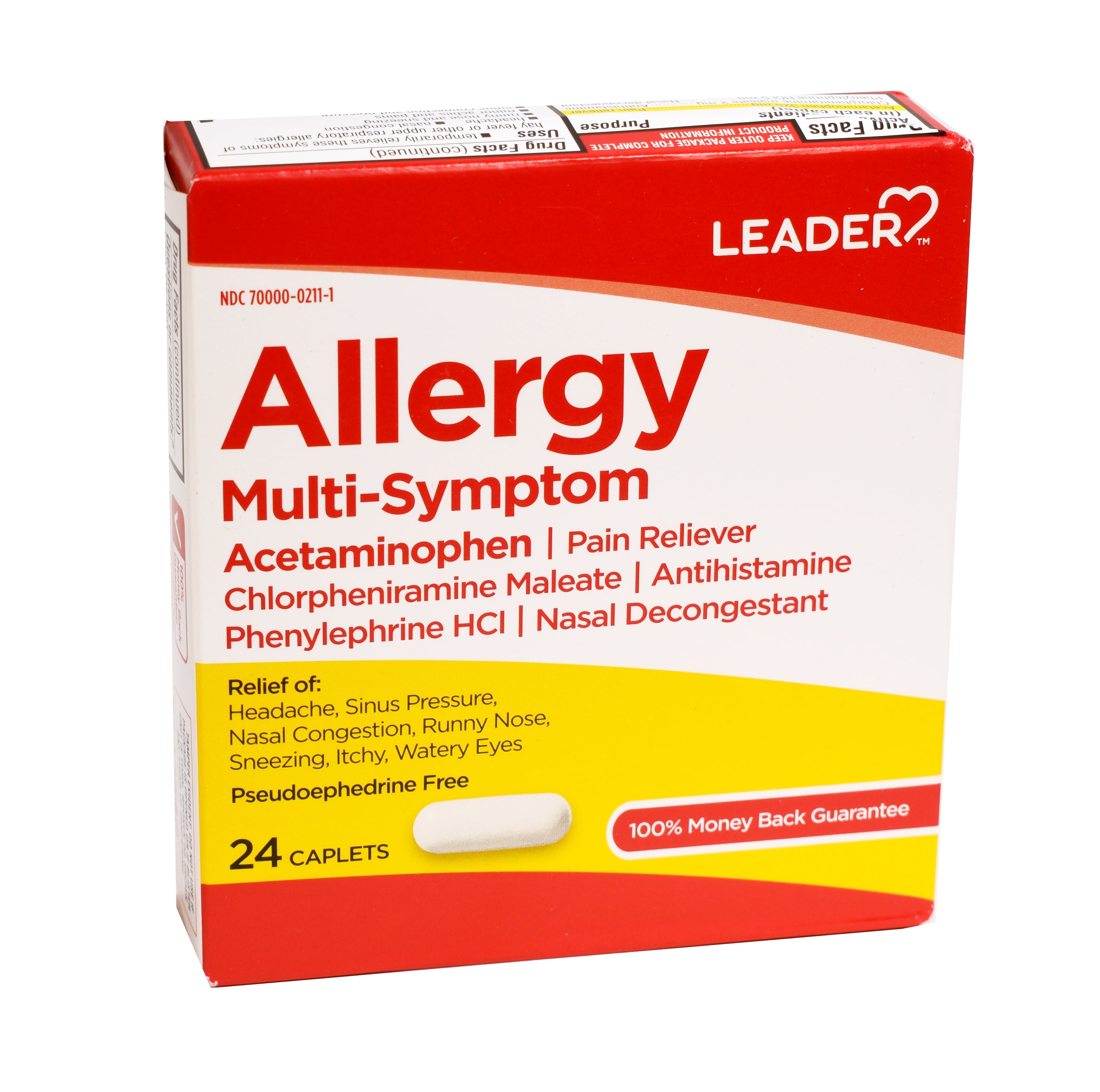 Leader Allergy Multi Symptom Acetaminophen Pain Reliever Caplets, 24 ct ...