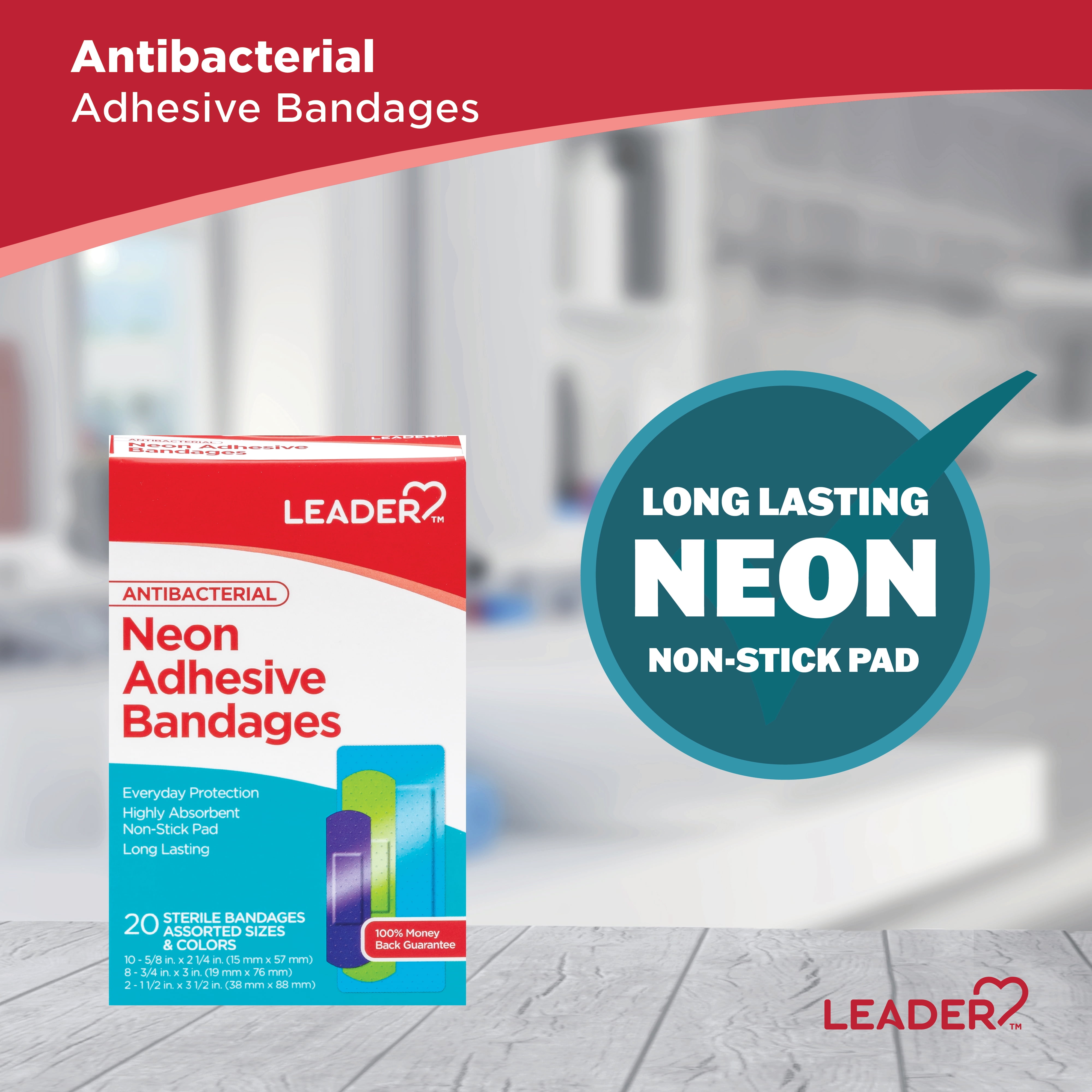 Leader Antibacterial Neon Adhesive Bandages, Assorted Sizes and Colors ...