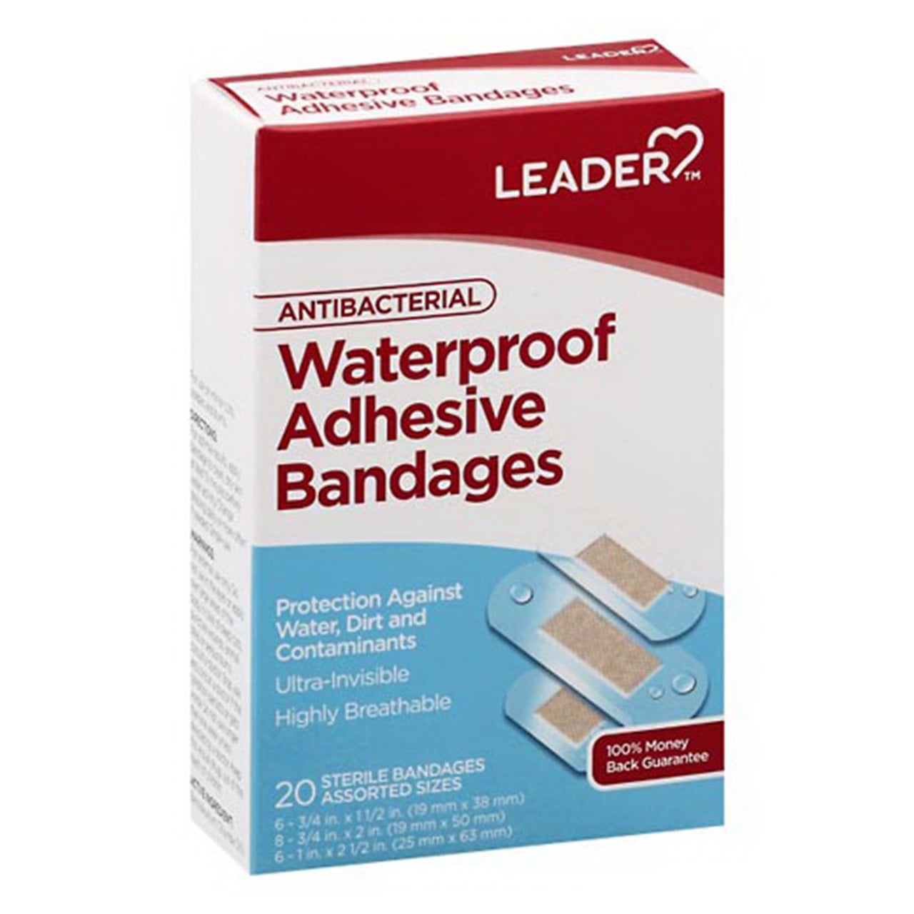 Leader Antibacterial Waterproof Adhesive Bandages, Assorted Sizes, 20 ...