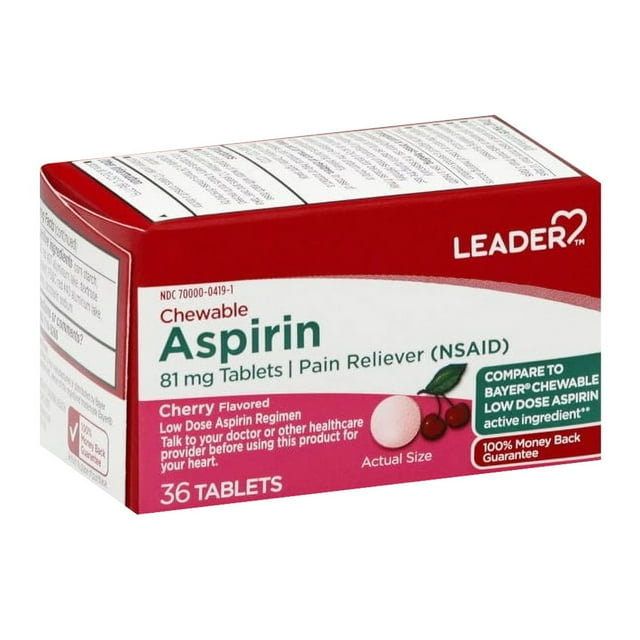 Leader Aspirin Chewable 81 Mg Pain Reliever Tablets, Cherry Flavor, 36 ...