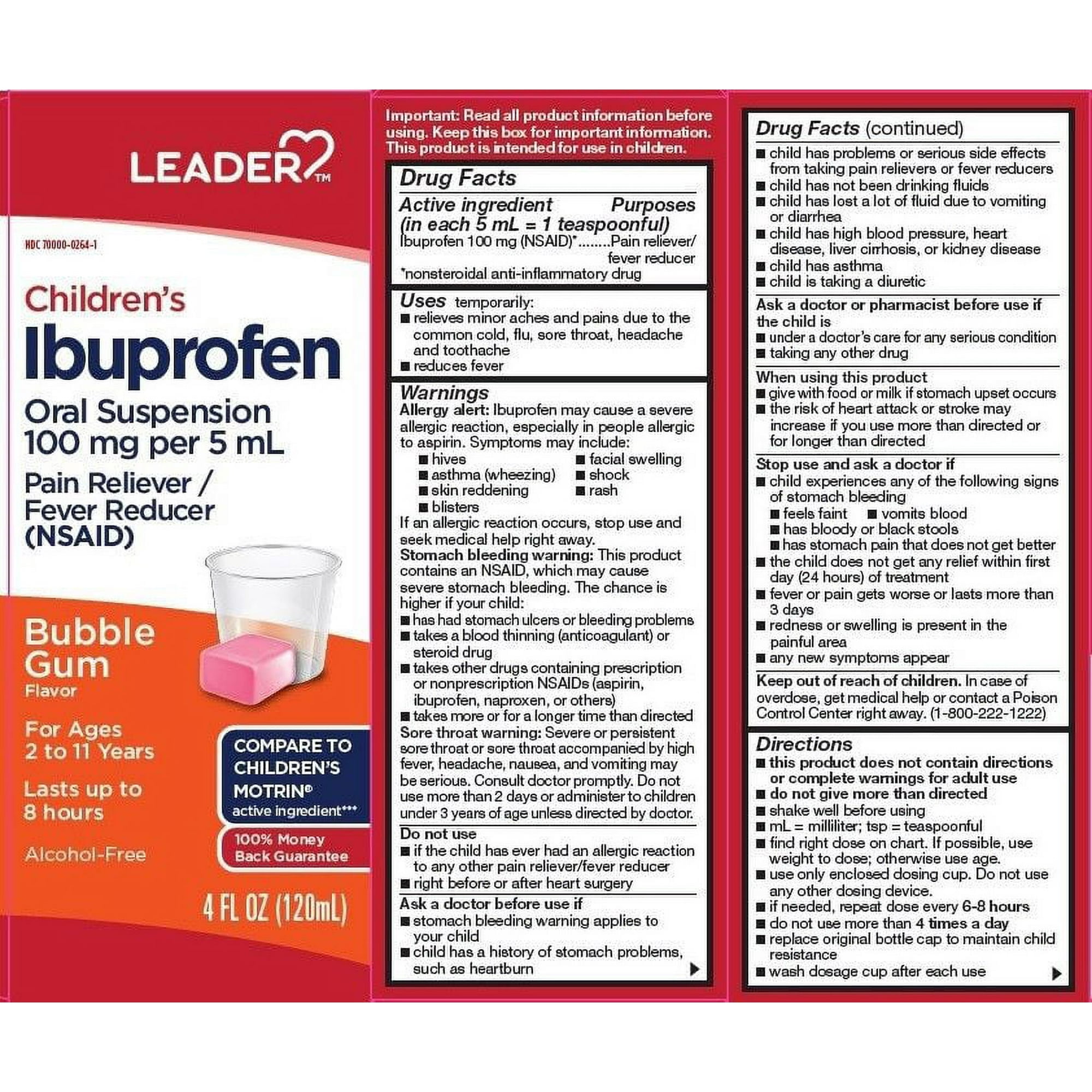 Leader Children'S Ibuprofen Liquid, Oral Suspension, Bubble Gum Flavor ...
