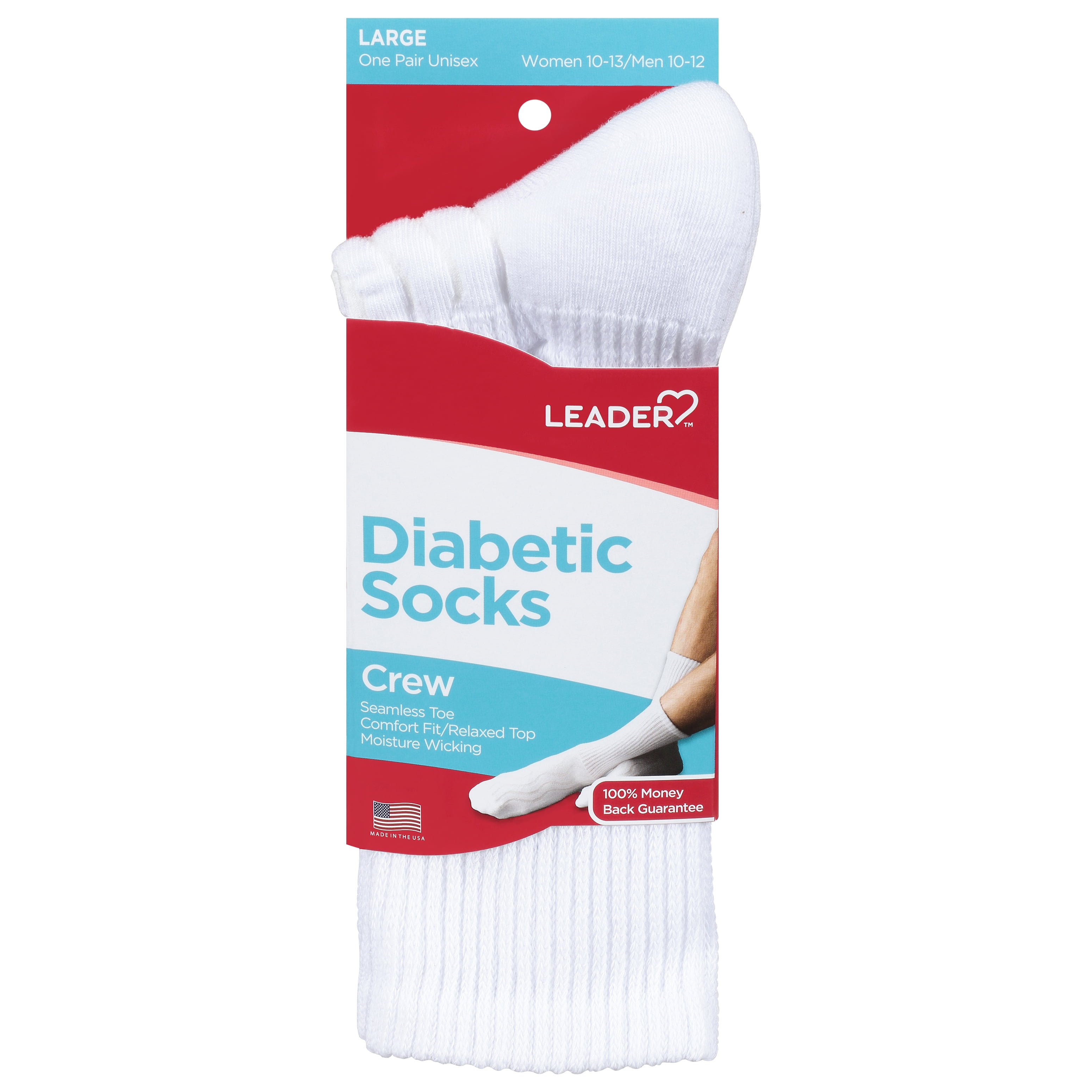 Leader Diabetic Sock Crew White Large 1 Pair - Walmart.com