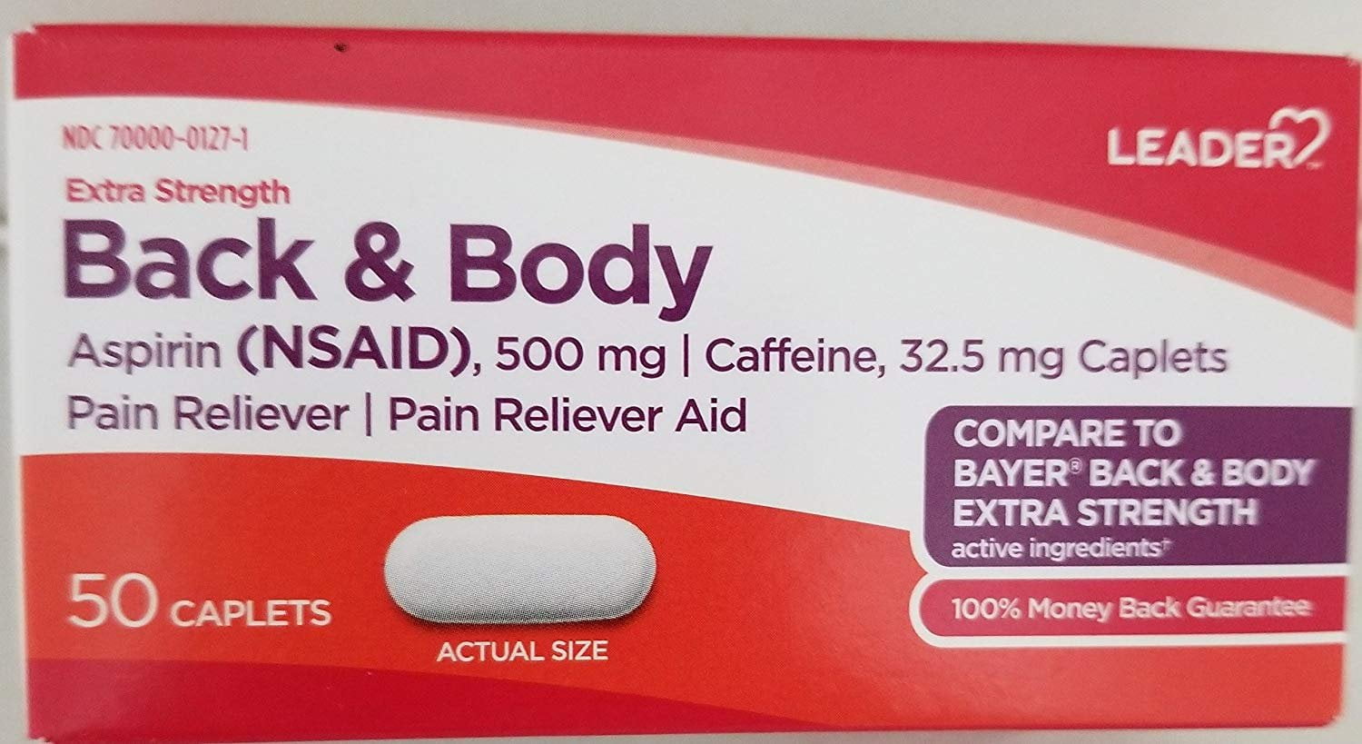 Leader Extra Strength Back & Body Pain Reliever Aid w/ Aspirin 500mg ...