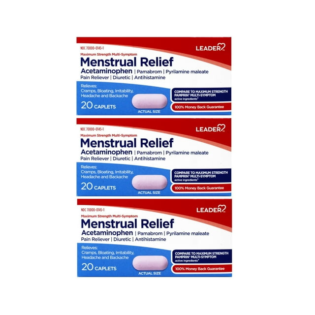Leader Menstrual Relief Multi-Symptom Maximum Strength Caplets 20 Count ...