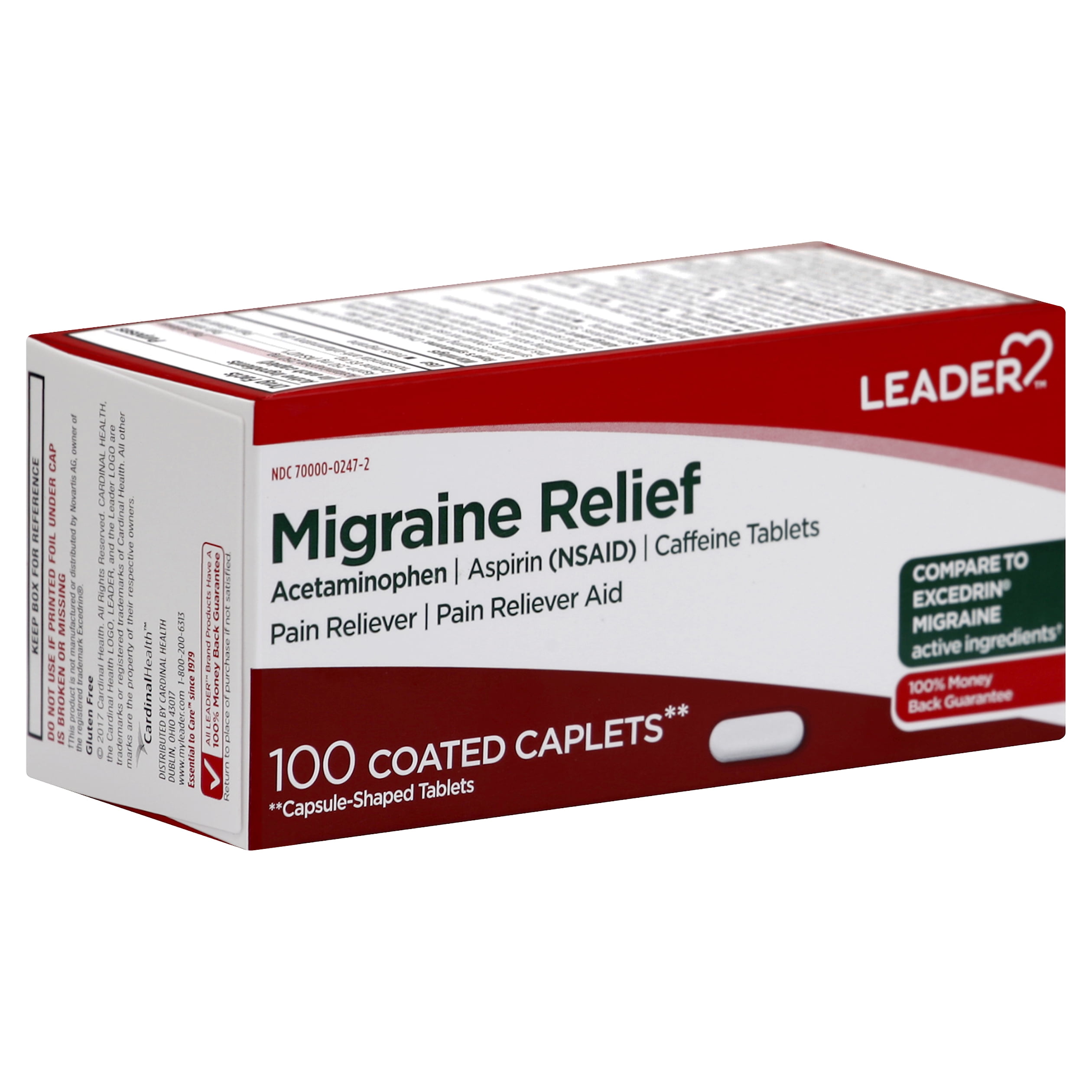 Leader Migraine Relief Coated Caplets, 100 Count – Pain Relief with ...