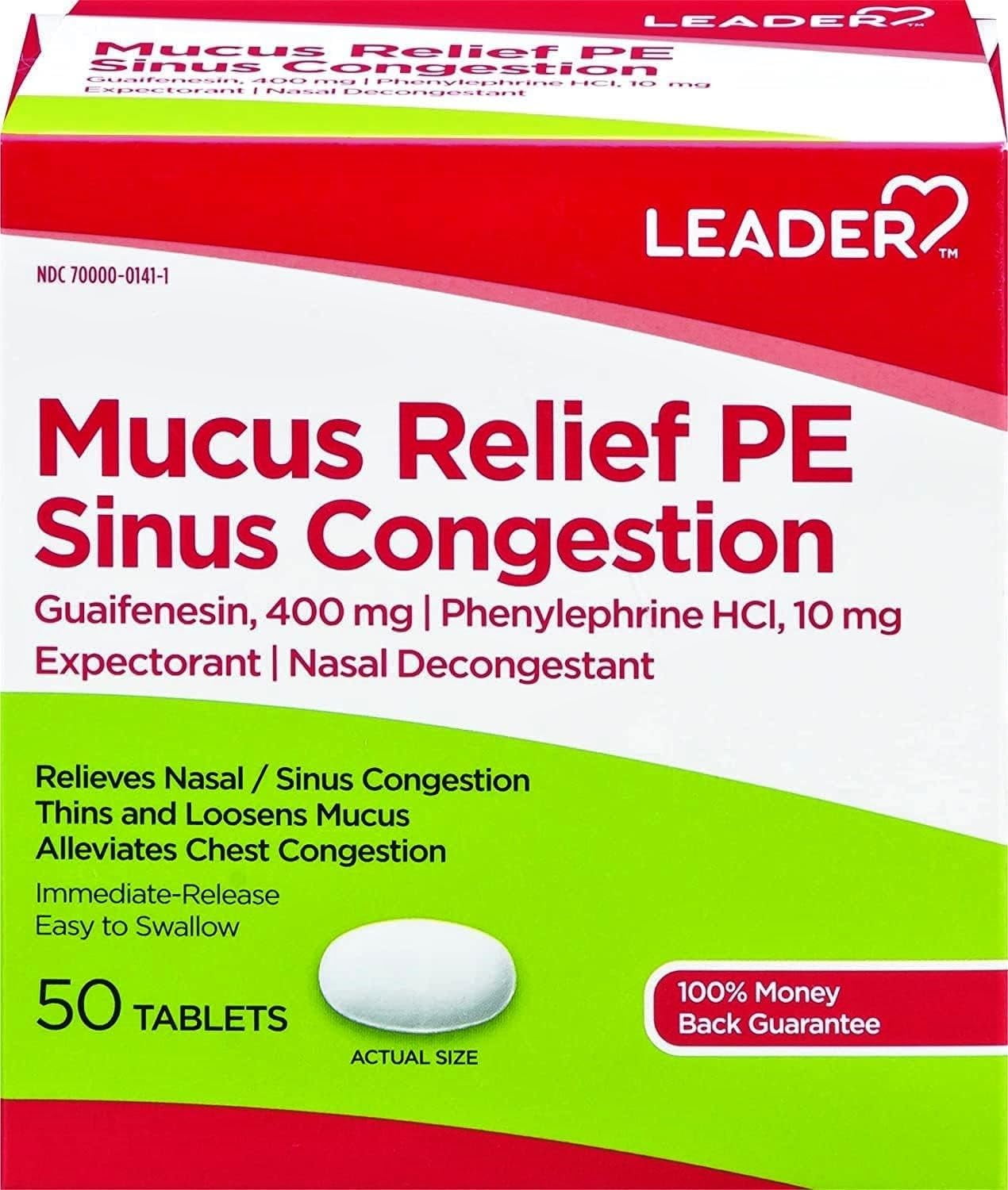 Leader Mucus Relief PE Discomfort Sinus Congestion, Mucus Buildup 50 ...