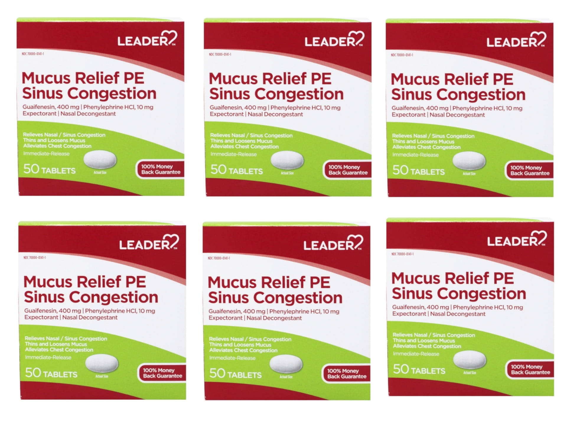 Leader Mucus Relief PE Sinus Congestion, 50 Tablets, 6 Pack - Walmart.com