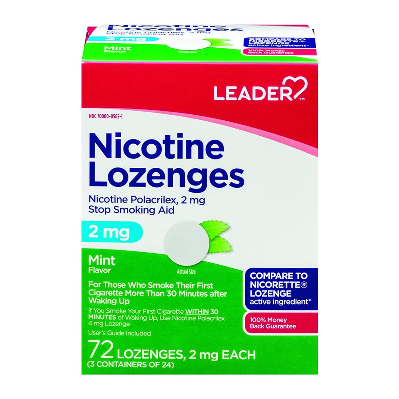 Leader Stop Smoking Aid Nicotine Lozenges 2 mg Mint Flavor 72 Count, 1 ...