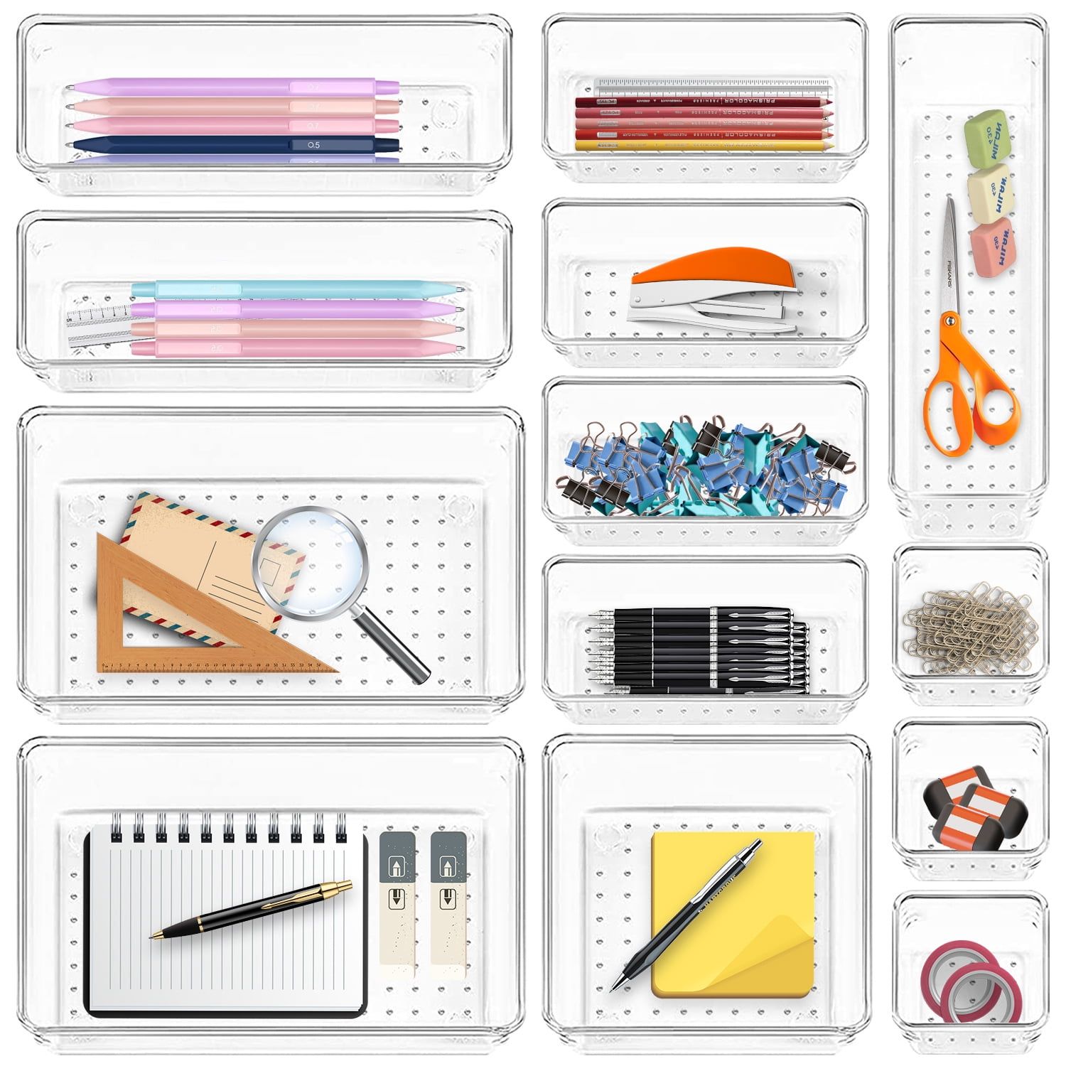 LeaderPro 13 Pcs Clear Drawer Organizer Plastic Trays with 5 Sizes ...