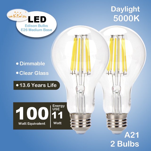 Leadleds 2 Pack 11W Edison LED Light Bulb, Dimmable E26 Medium Base ...