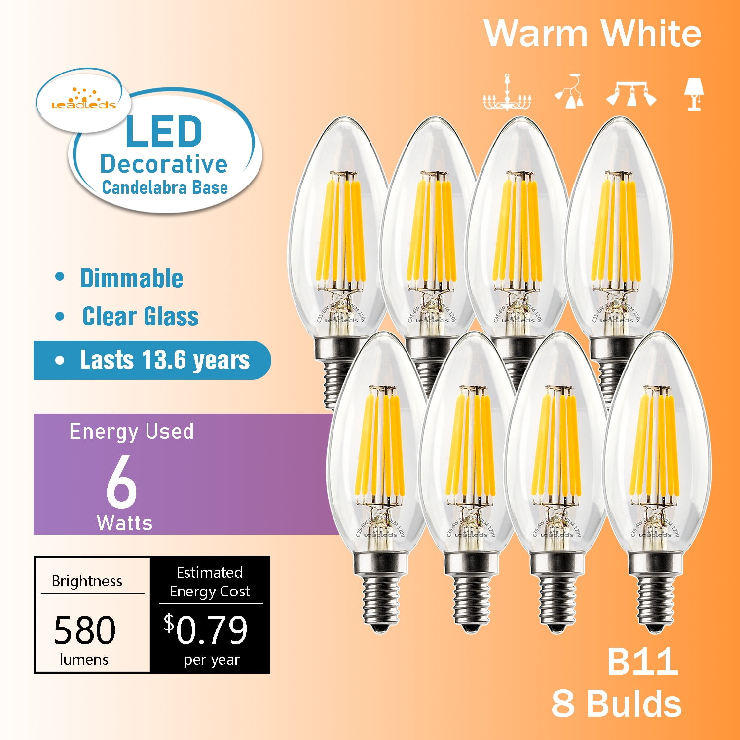 Leadleds 6W LED Edison Light Bulb, 2700K Dimmable E12 Base Candelabra ...