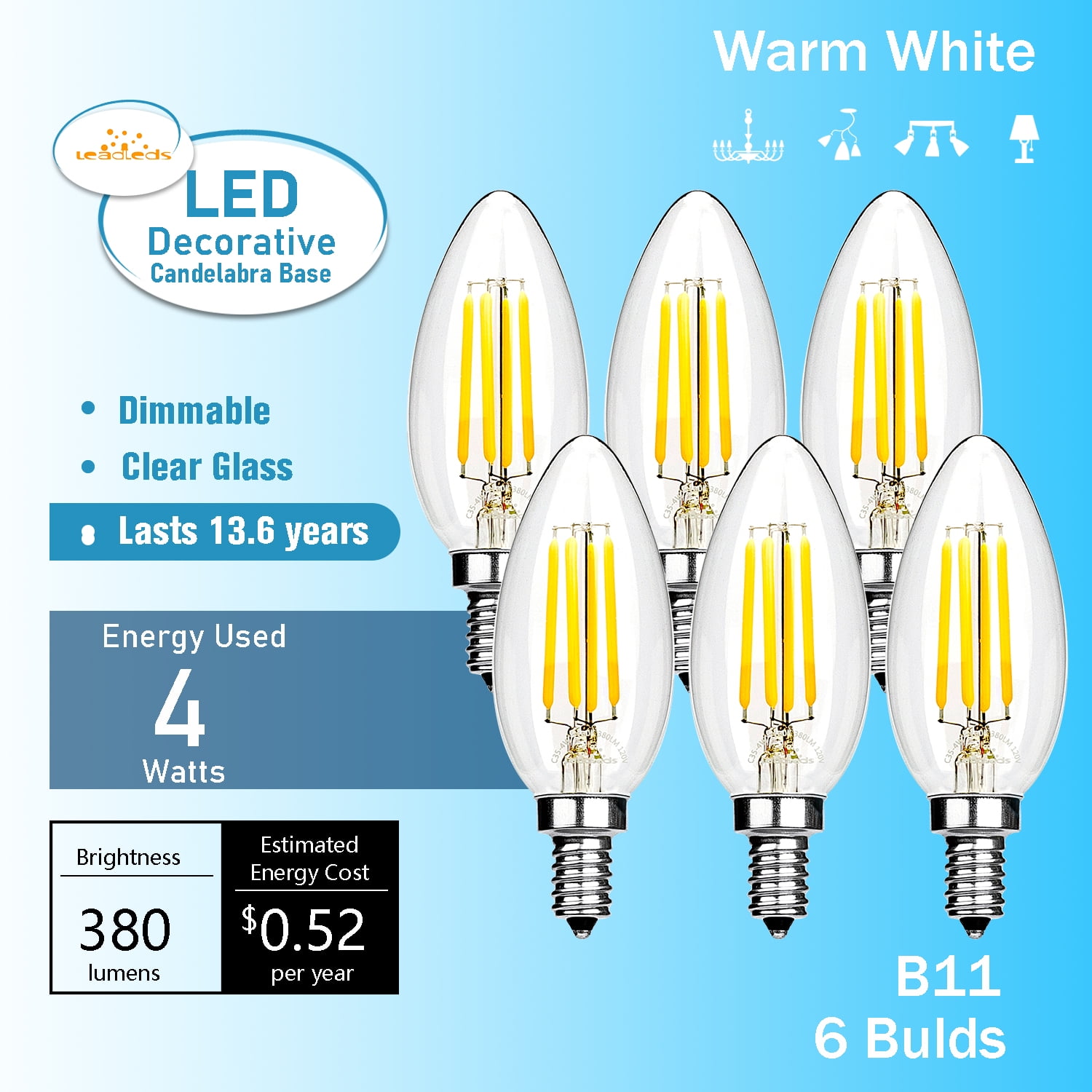 Leadleds 40W Equivalent LED Candelabra Bulb, Dimmable, 2700K Warm White ...