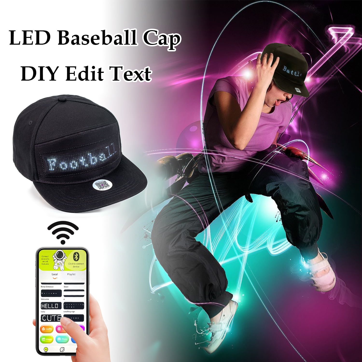 Leadleds LED Display Cap,Adjustable Animated Bluetooth Baseball Hat Hip ...