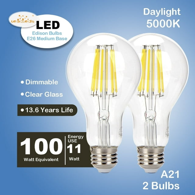 Leadleds 2 Pack 11W Edison LED Light Bulb, Dimmable E26 Medium Base, 100W Equivalent, Daylight ...