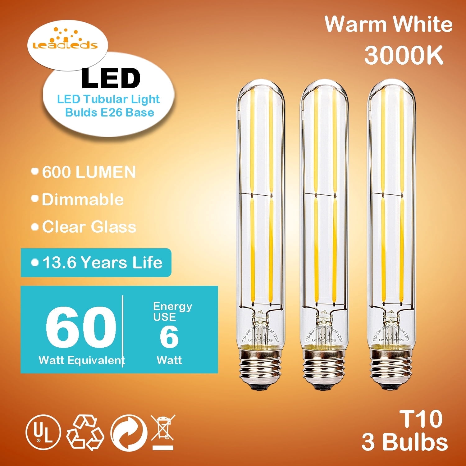 Leadleds T10 LED Edison Bulbs, Dimmable, Warm White 3000K, 6 Watt Long ...