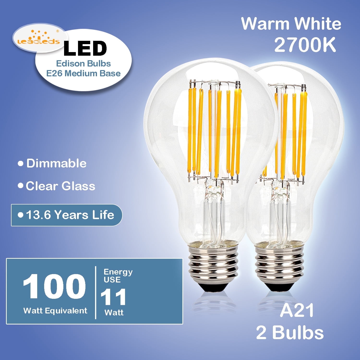 Leadleds Vintage LED Edison Bulb 100W Equivalent, 11W 1500LM 2700k Warm White, Dimmable E26 LED ...