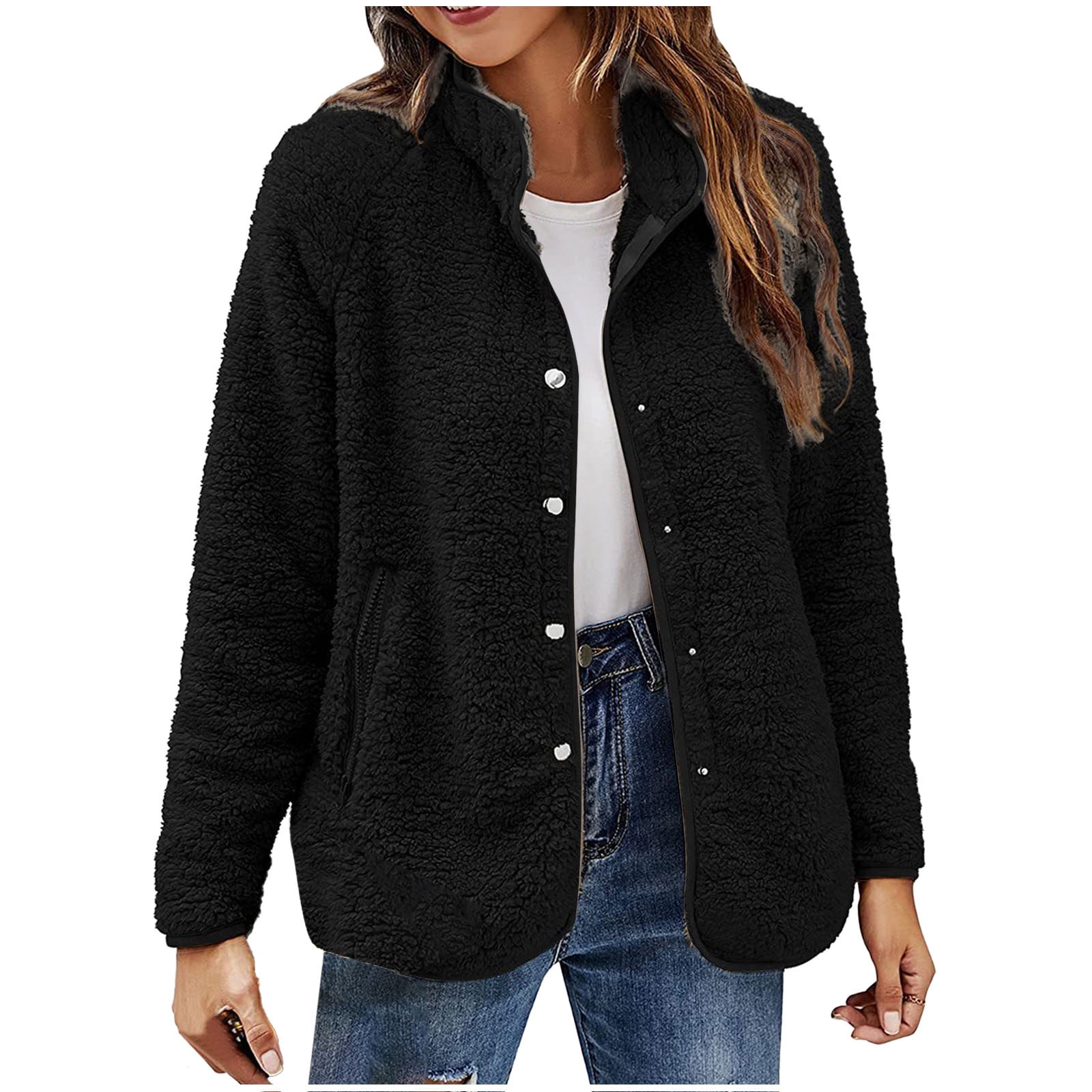 Leadmall Women Fleece Jackets Snap Buttons Closure Lapel Long Sleeve ...