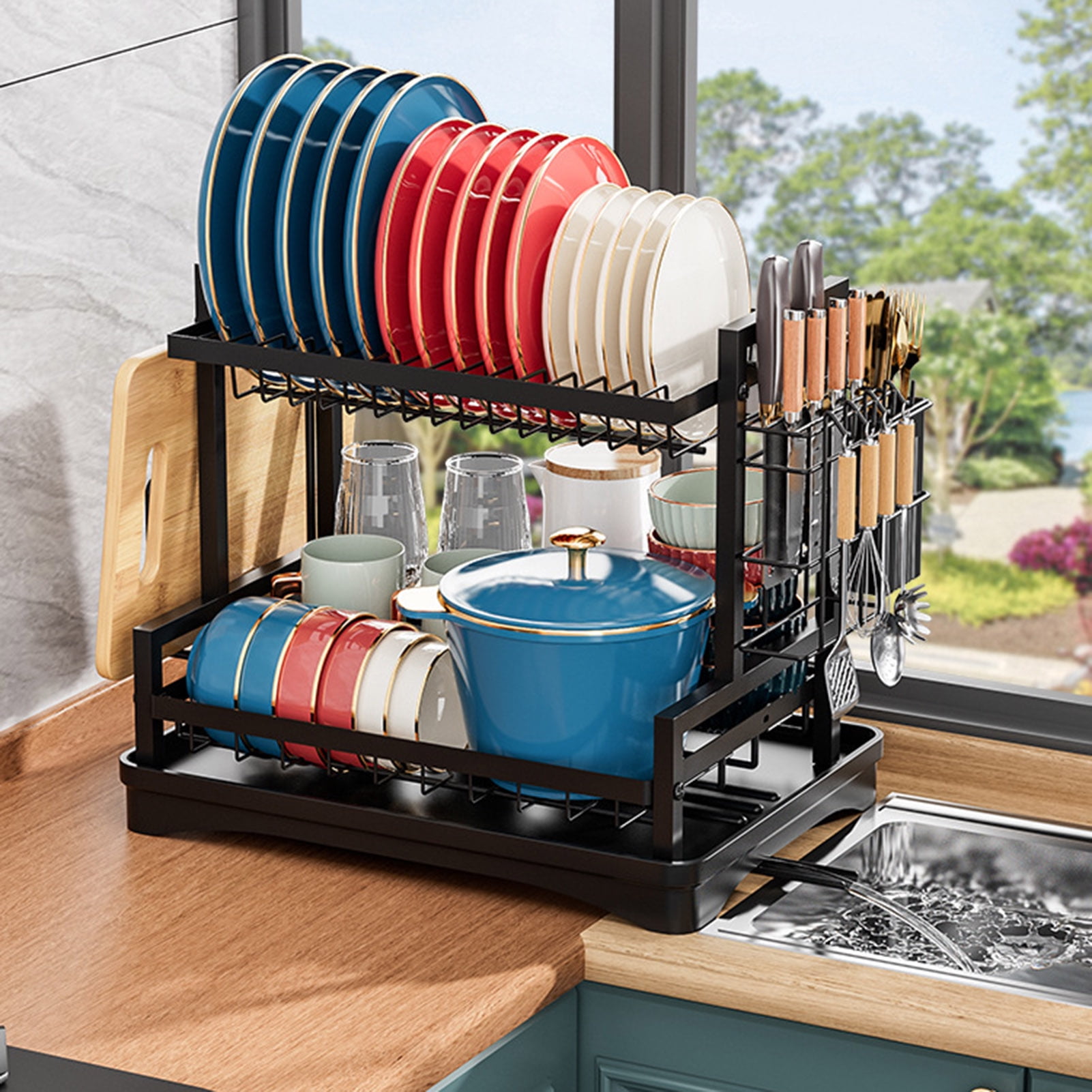 Leadrop Dish Drying Rack for Kitchen Counter, Self-Draining 2 Tier Dish ...