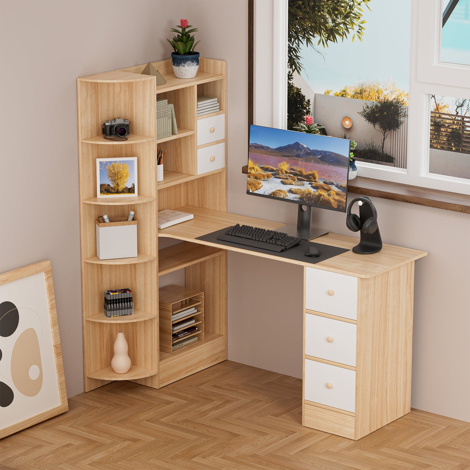 Leadrop L Shaped Desk with Hutch 2-in-1 L-Shaped Computer Desk with ...