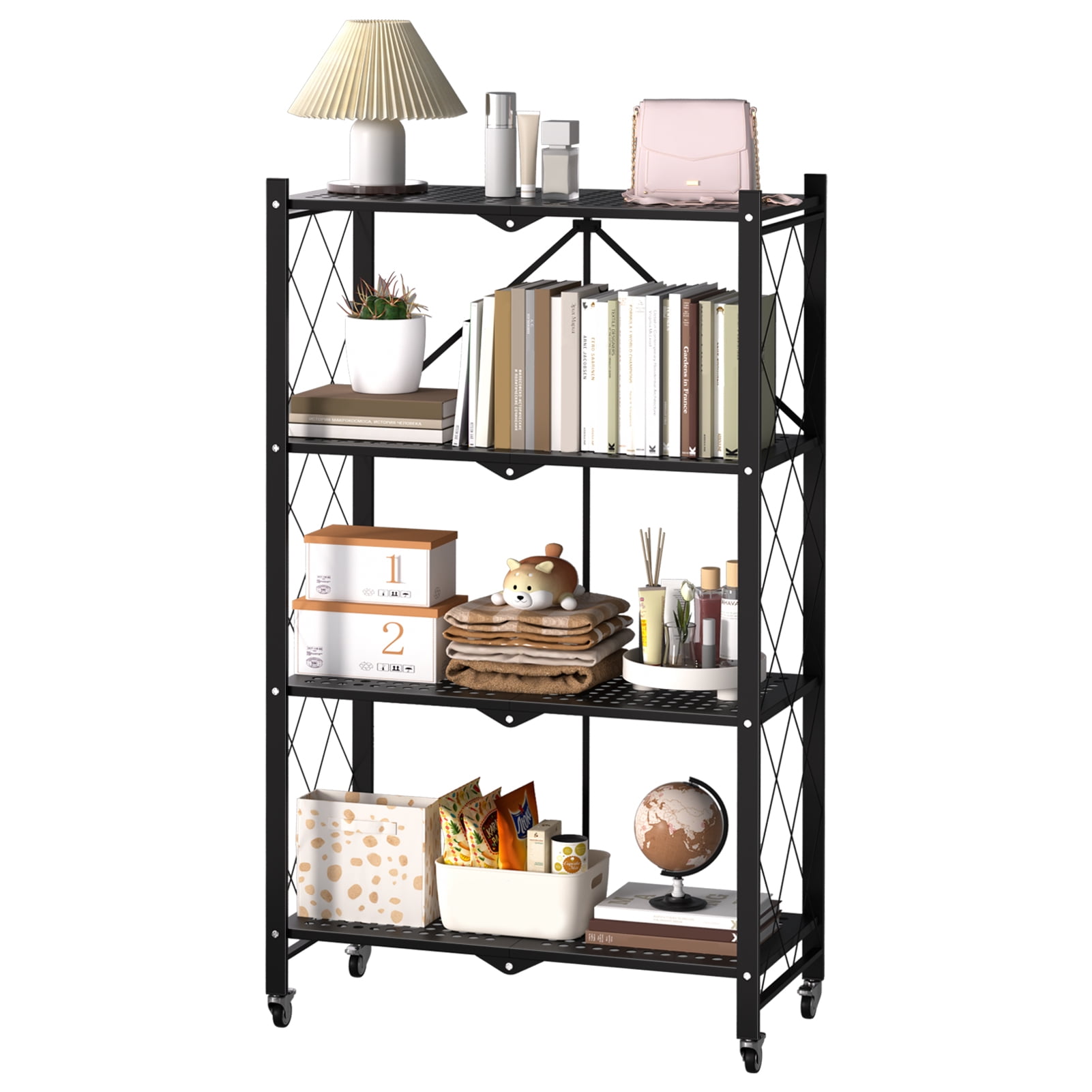 Leadrop Storage Shelves with Wheels 4-Tier Foldable Bookshelf with ...