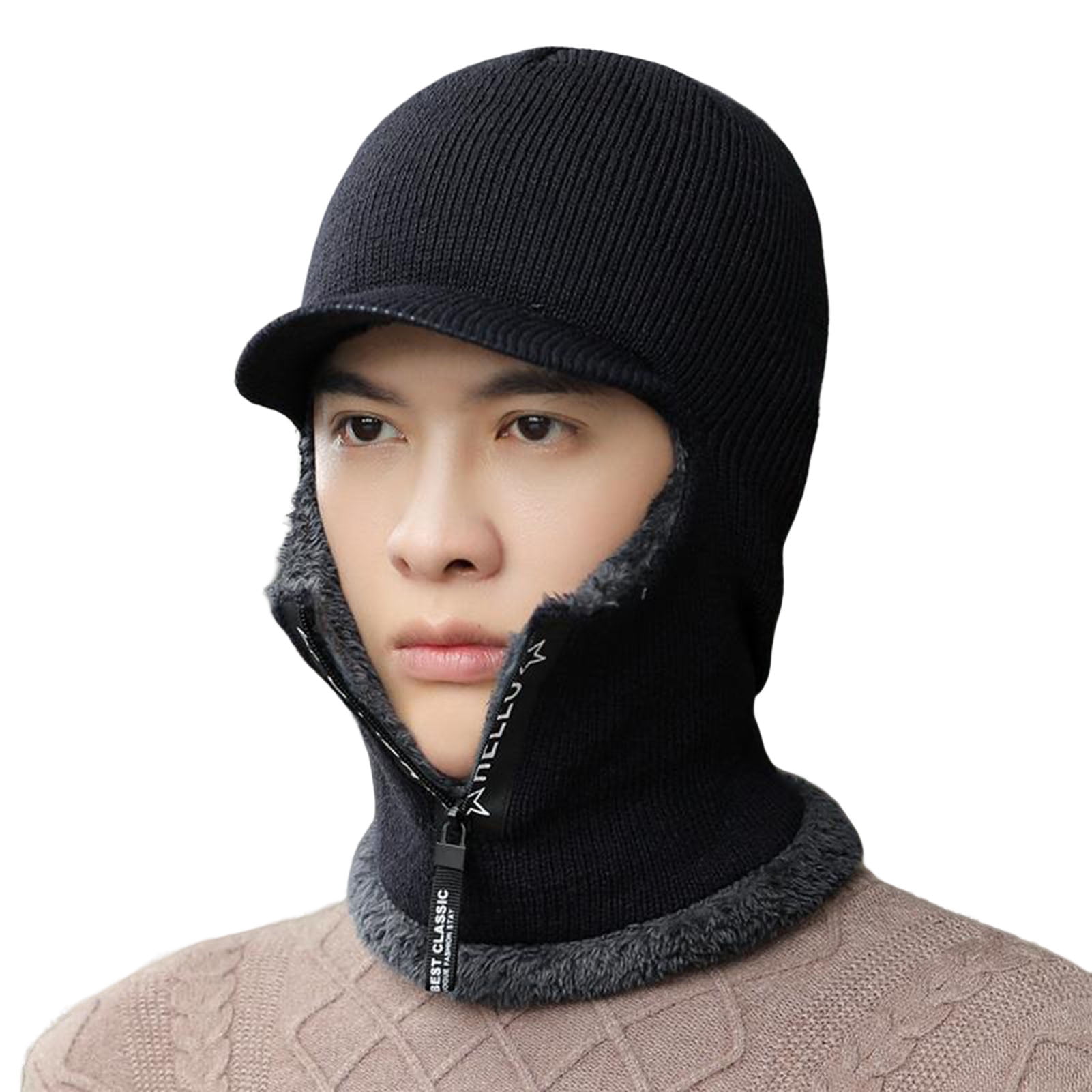 Leadrop Thermal Hat Zipper Opening Fleece Lining Knitting 2 in 1 Solid ...