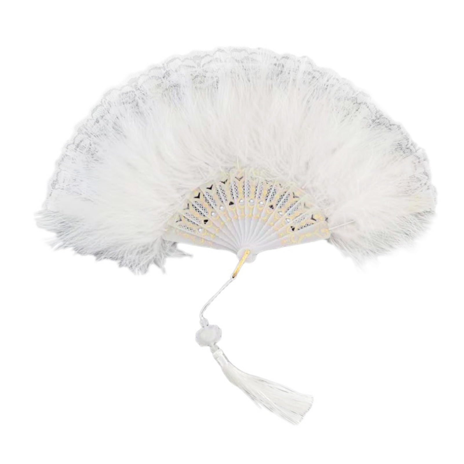 Leadrop Vintage Feather Lace Folding Fan with Tassels Portable Summer ...