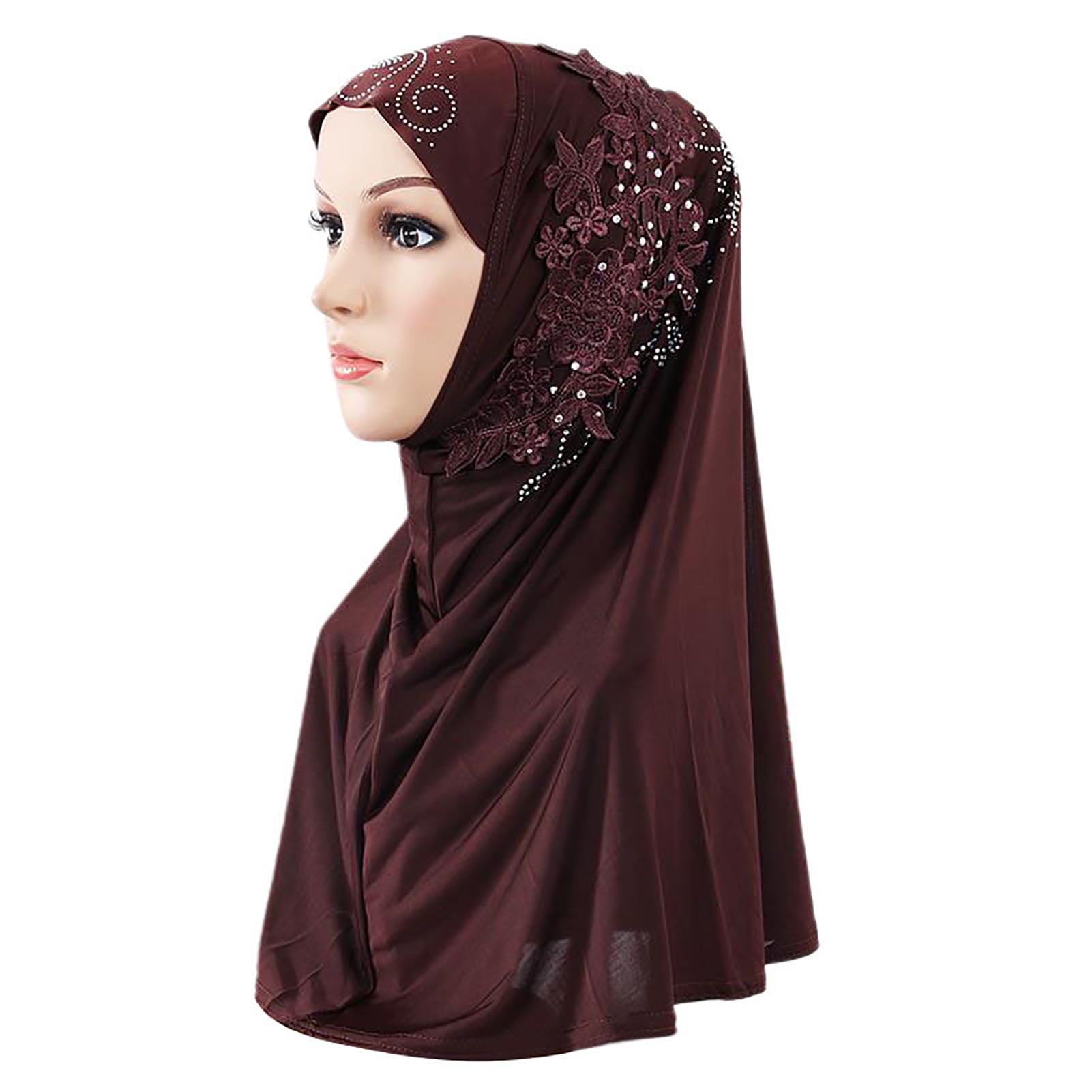 Leadrop Women Solid Color Lace Rhinestone Muslim Hijab Wrap Islamic ...