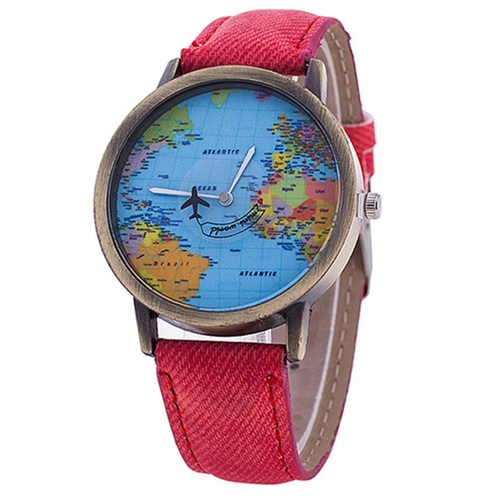 Leadrop Women's World Map Dial Denim Fabric Strap Analog Quartz ...