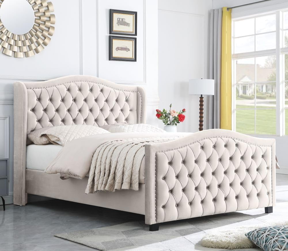 Leadtimes Grey Velvet Bed Frame Upholstered Platform with Tufted Button ...