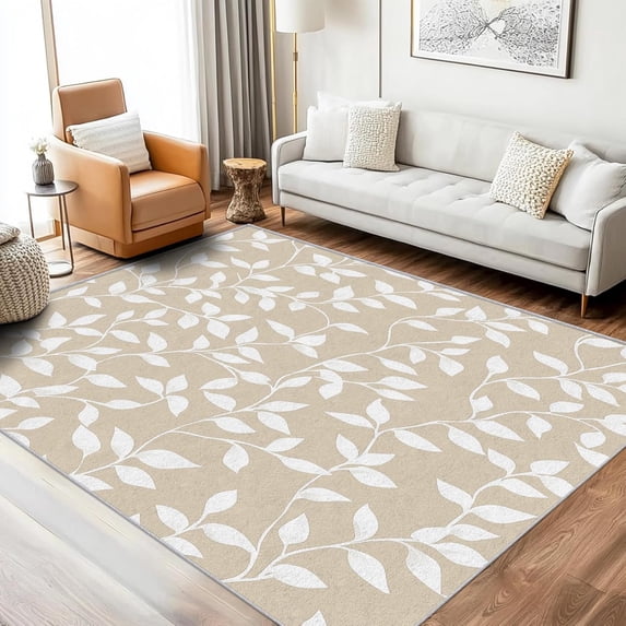 Leaf Area Rugs, Oatmeal Plant Pattern Carpet, Washable Non Slip Low ...