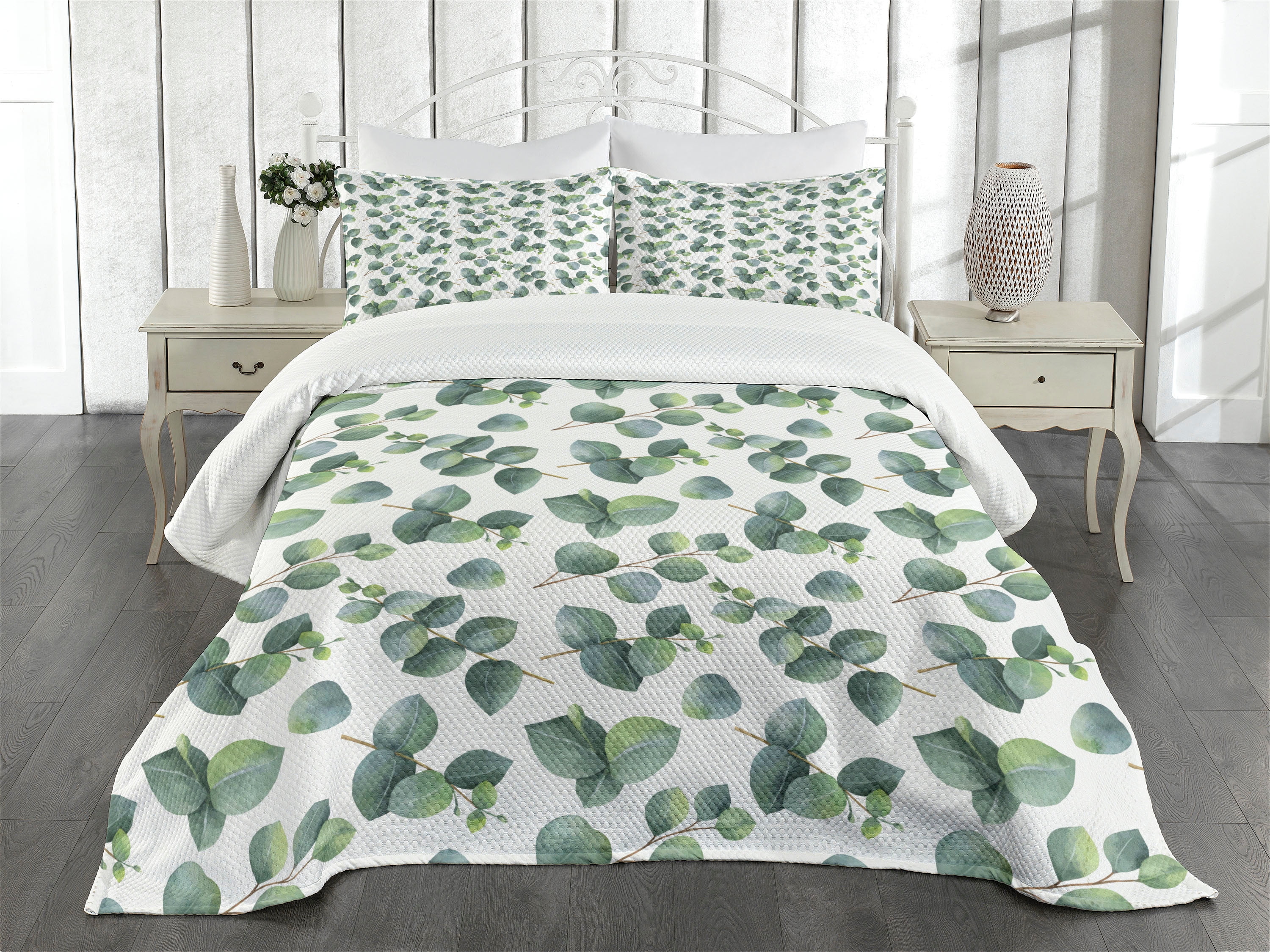 Leaf Bedspread Set King Size, Watercolor Style Pattern with Silver ...