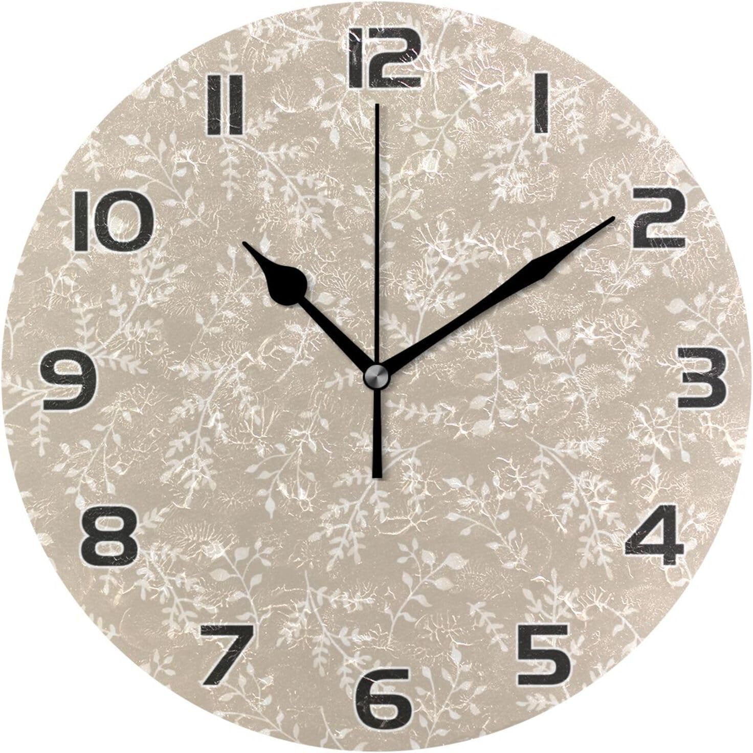 Leaf Beige Wall Clock Round Vintage Silent Non Ticking Battery Operated ...