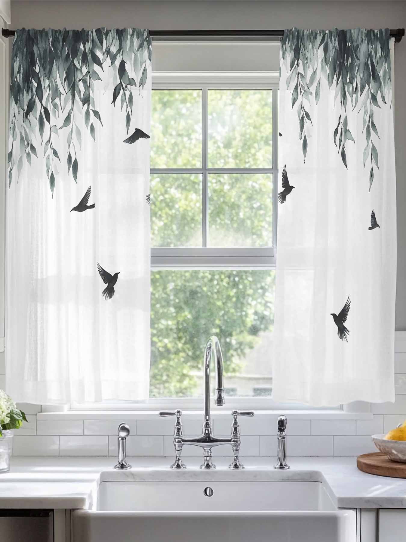 Leaf Bird Sheer Curtains for Living Room Bedroom Vine Watercolor Plant ...