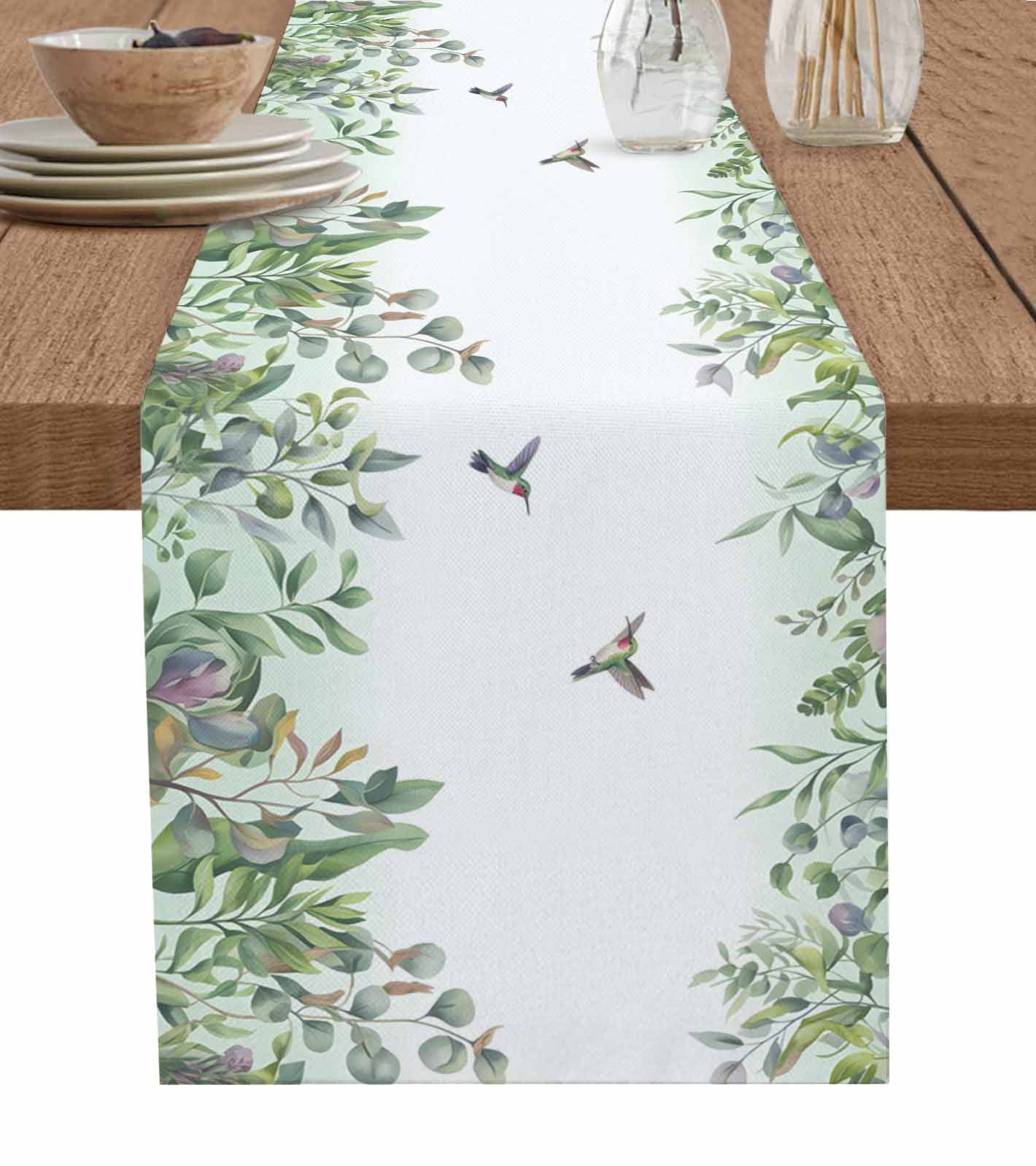 Leaf Bird Table Runner 108 Inches, Sage Greeen Botanical Watercolor ...