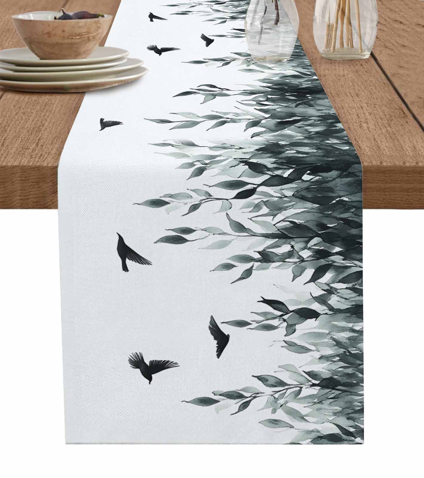 Leaf Bird Table Runner 70 Inches, Vine Watercolor Plant Country Style ...