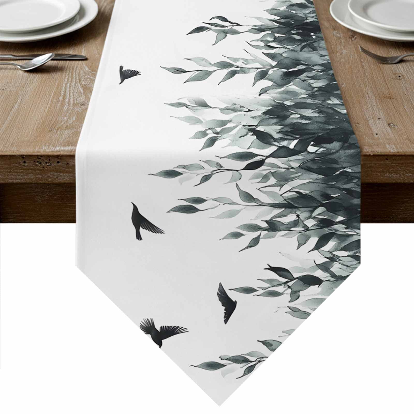 Leaf Bird Table Runner Linen Burlap Table Runner 90 Inches Long Vine ...