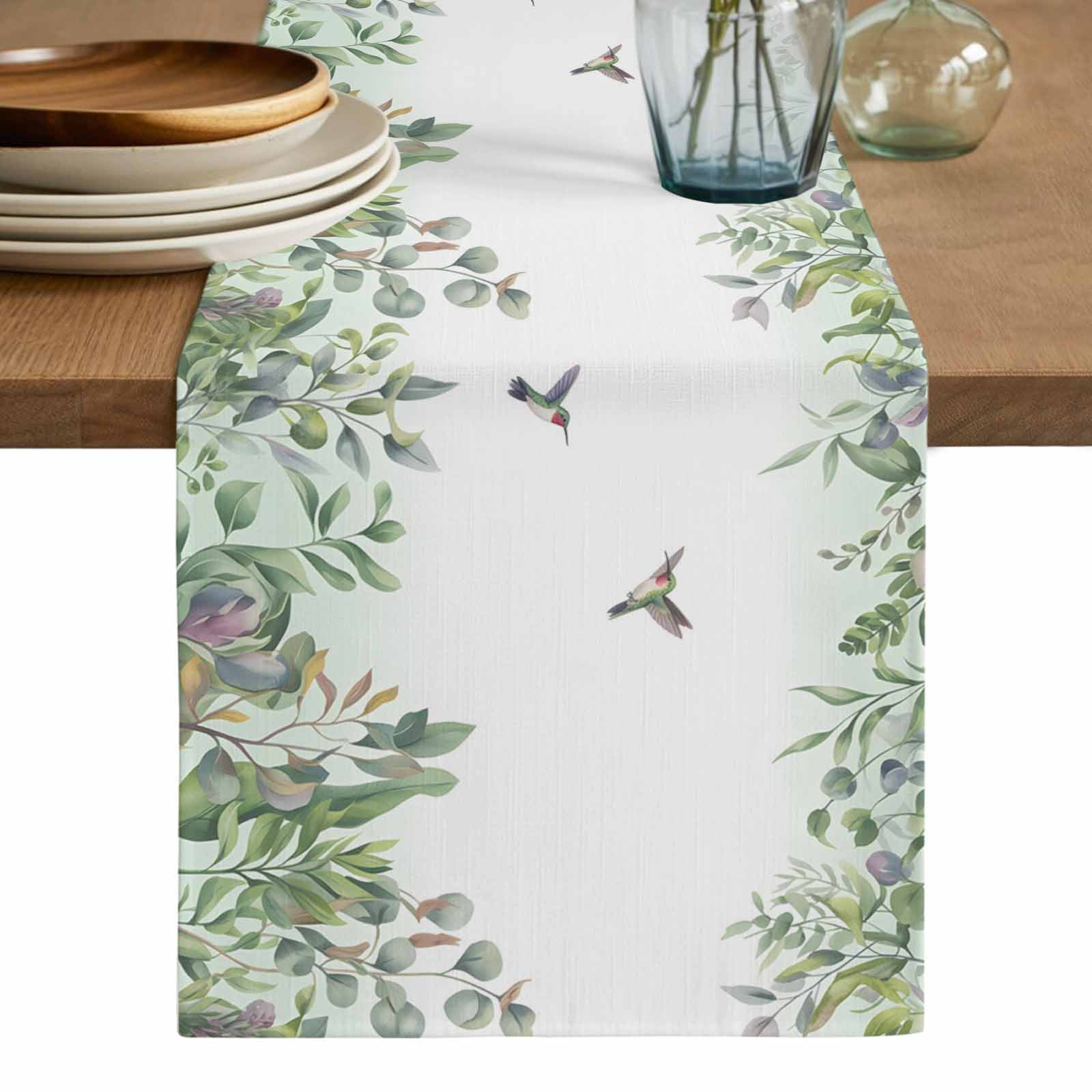 Leaf Bird Table Runner, Sage Greeen Botanical Watercolor Animals ...