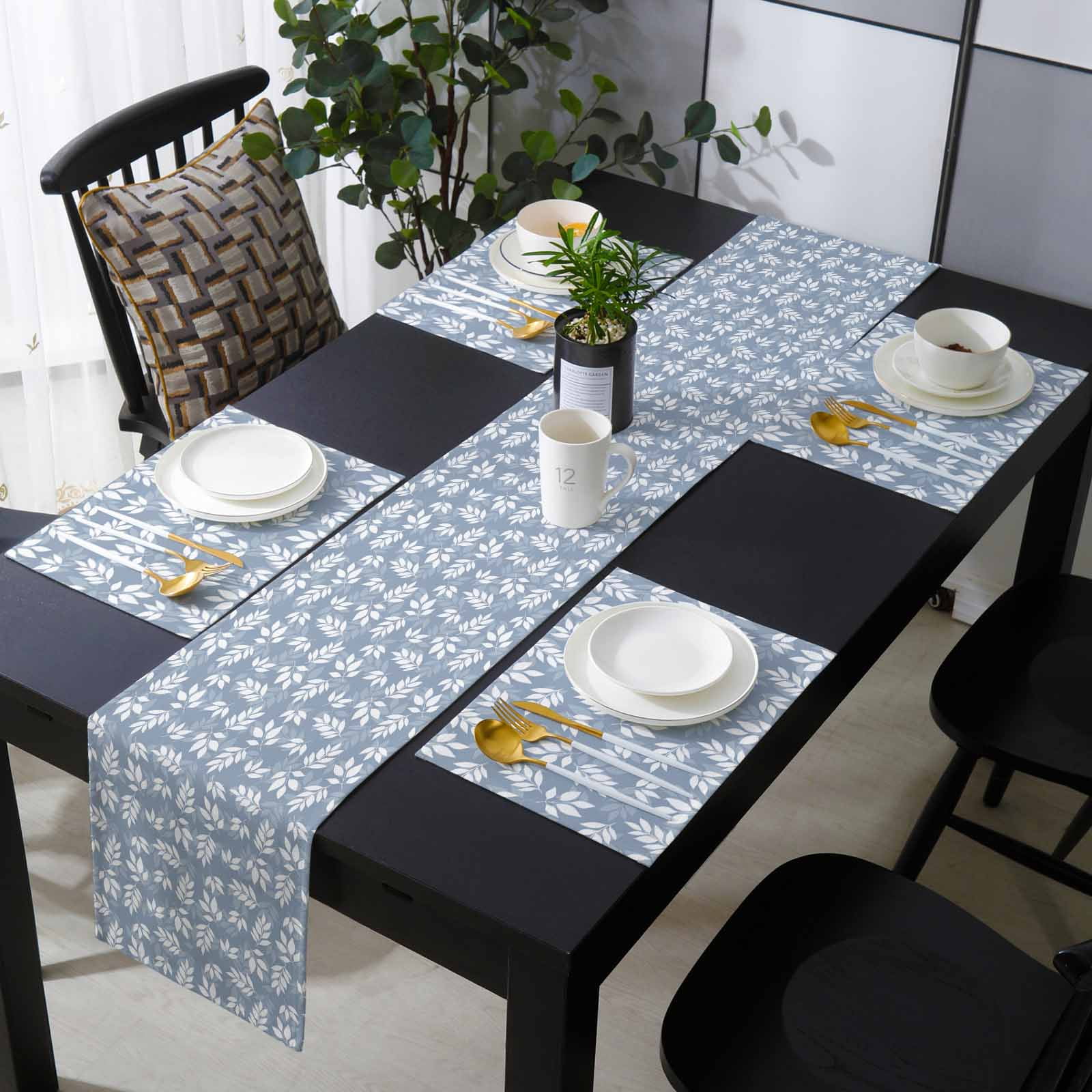 Leaf Blue Placemats Set of 6 with 72 Inches Long Table Runners,White ...