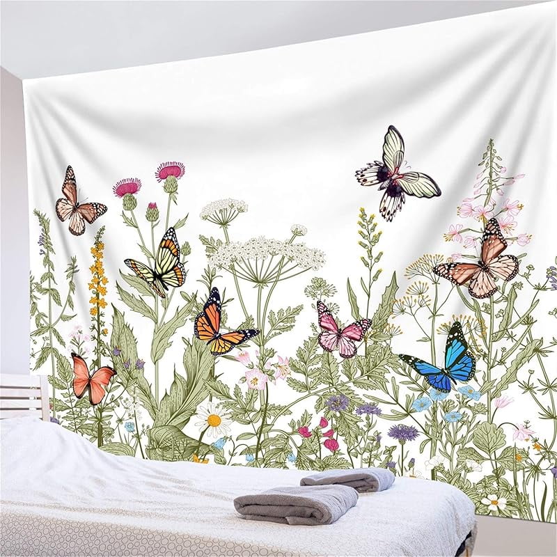 Leaf Butterfly Tapestry Wall Hanging, Sage Green Leaves and Flowers ...