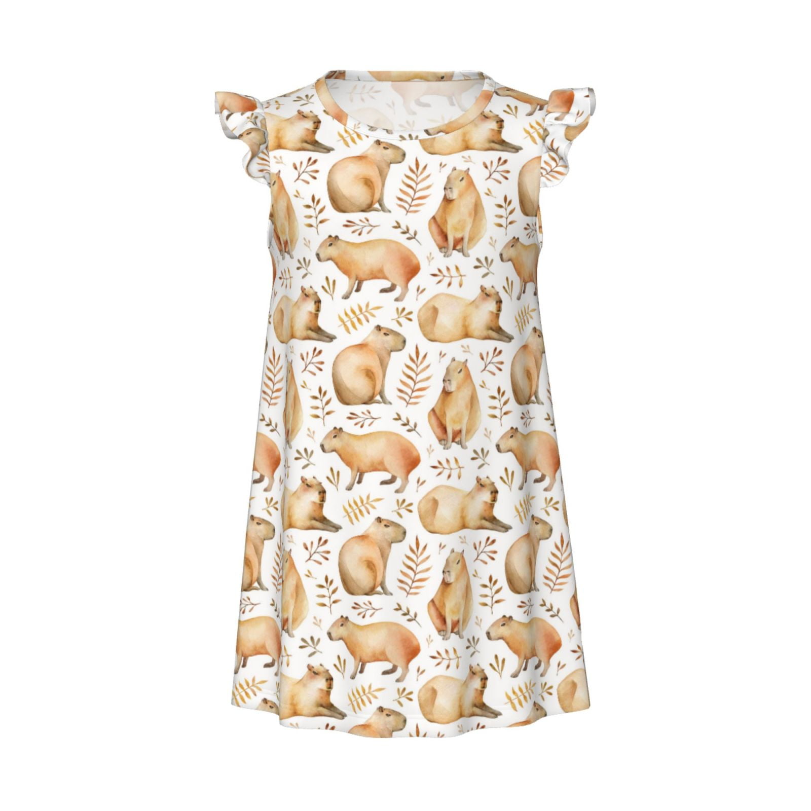 Leaf Capybara Print Girls Nightgown, Flutter Short Sleeves Night Dress ...