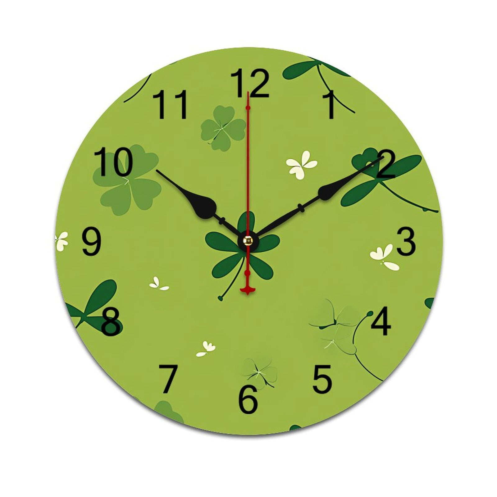 Leaf Clover Green Printed Silent Wall Clock Round Kitchen Clock Chic ...